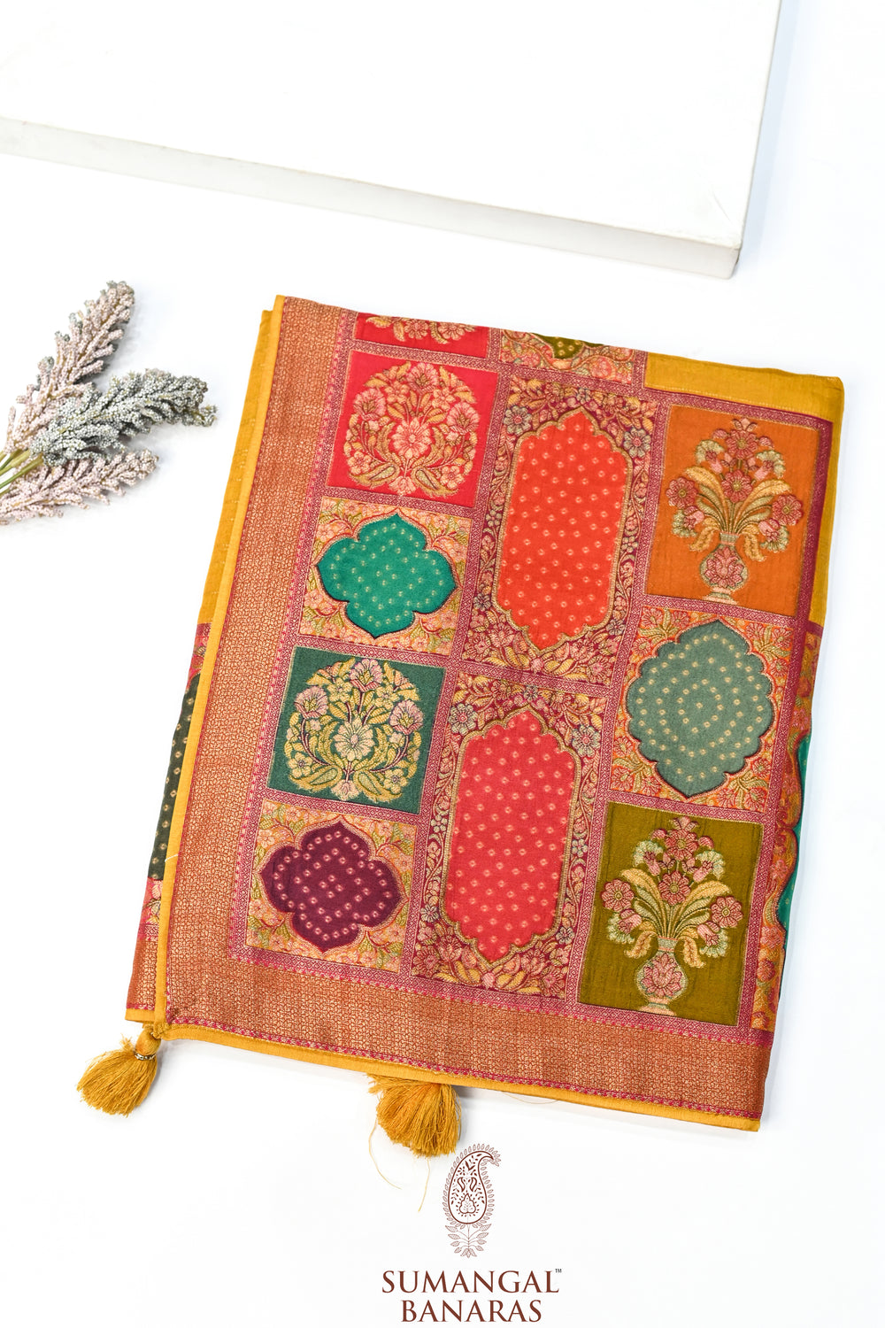 Honey Yellow Geometric Moonga Silk Blended Saree – Sumangal Banaras